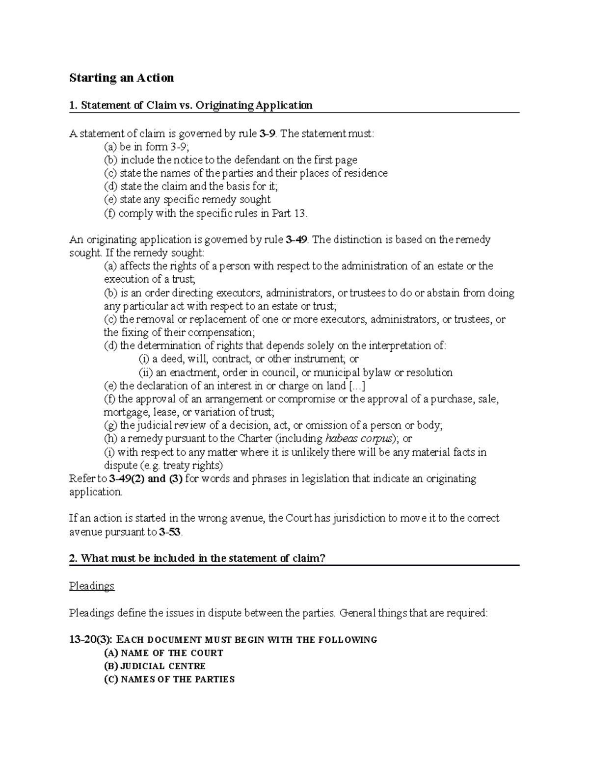 Lecture notes 1-4 - Starting an Action Statement of Claim vs ...