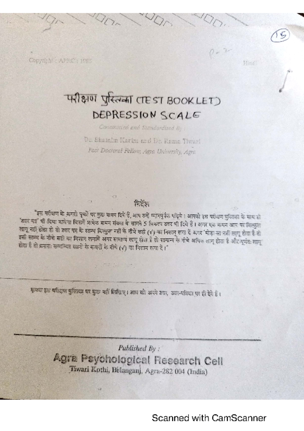 Depression (test booklet) - Bachelor's of Science - Studocu
