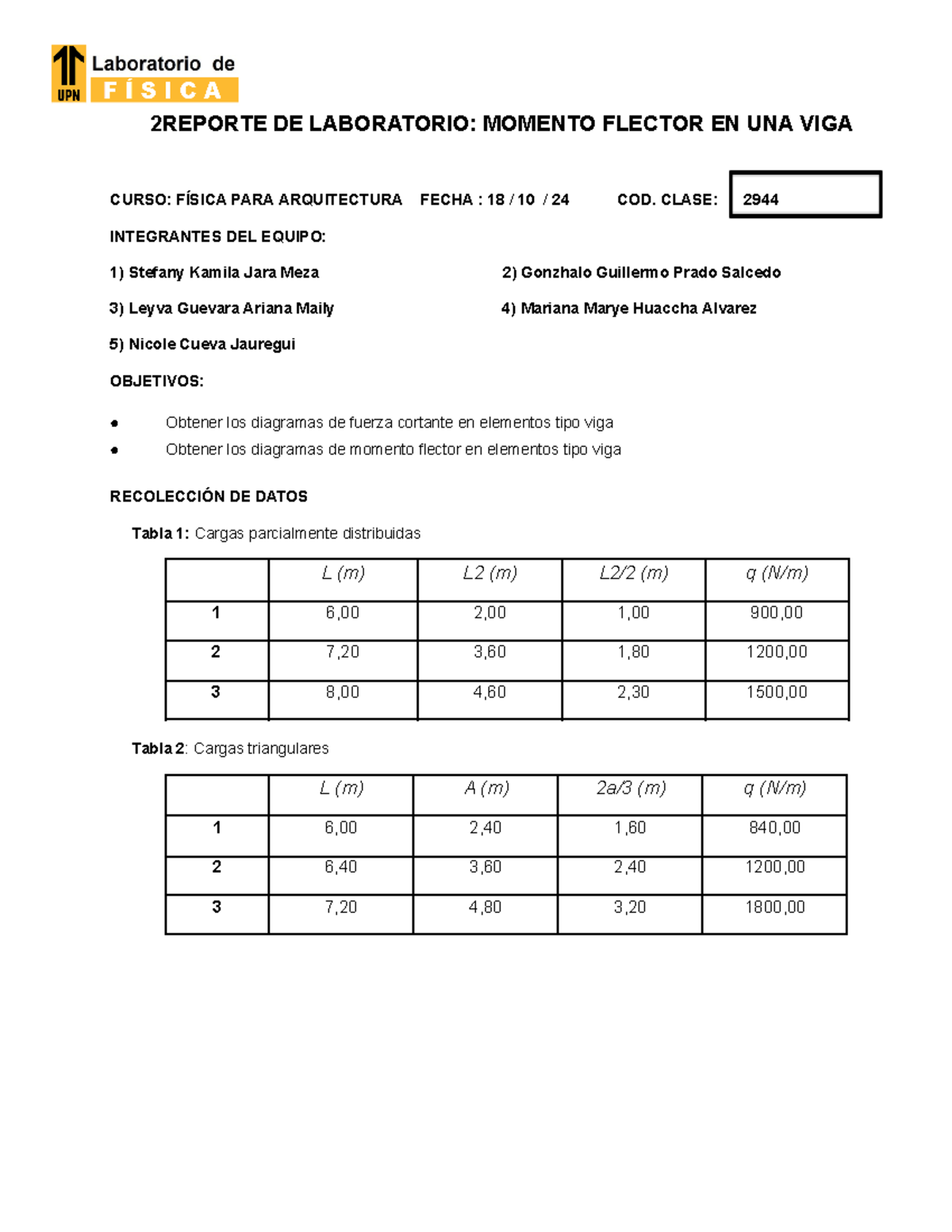 Reporte LAB Fisiarq S10 MF 2024 - 2REPORTE DE LABORATORIO: MOMENTO FLECTOR EN UNA VIGA CURSO ...