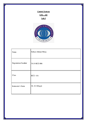 Lab 1 - Lab assignment 1 for Control Systems - Control Systems CPE ...