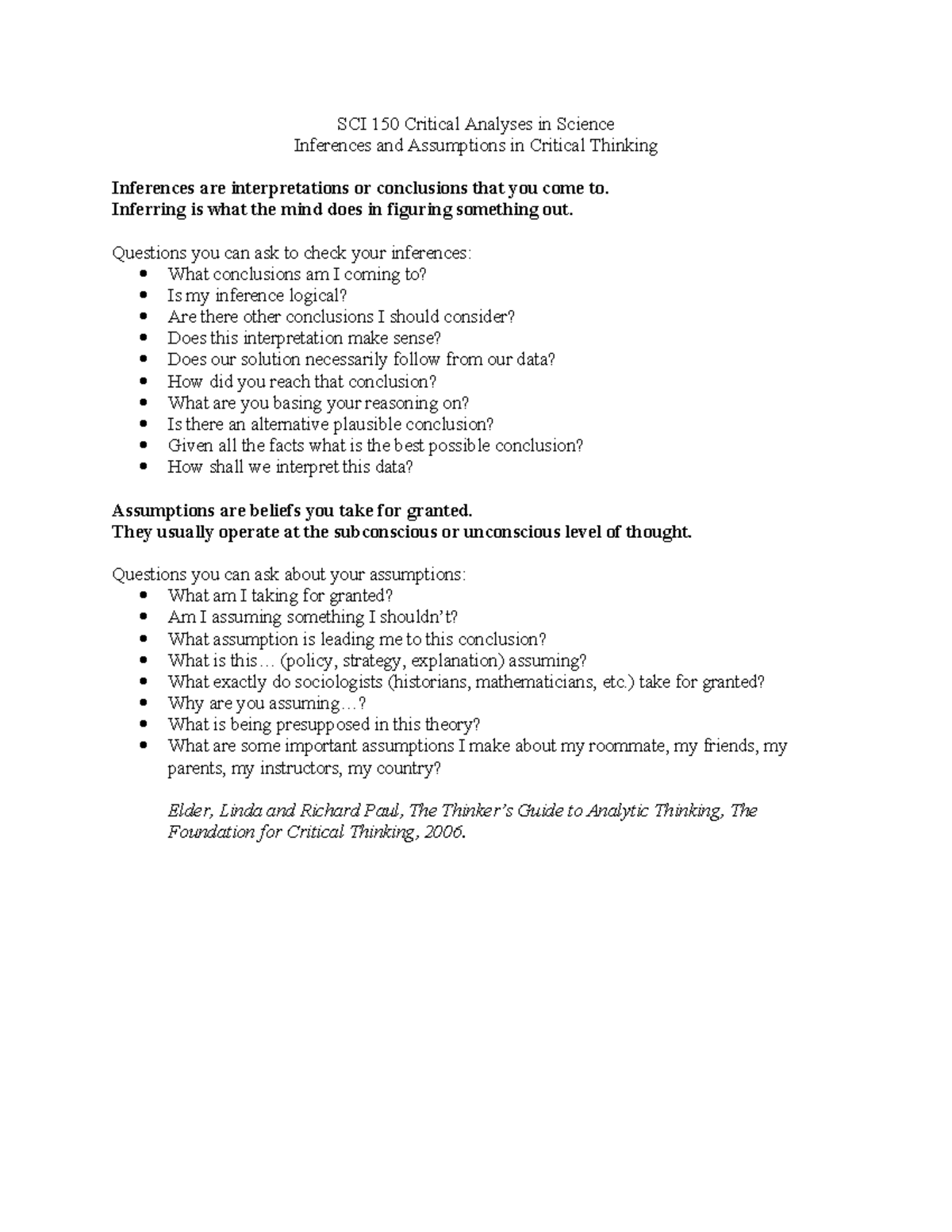 Inferences and Assumptions - SCI 150 Critical Analyses in Science ...