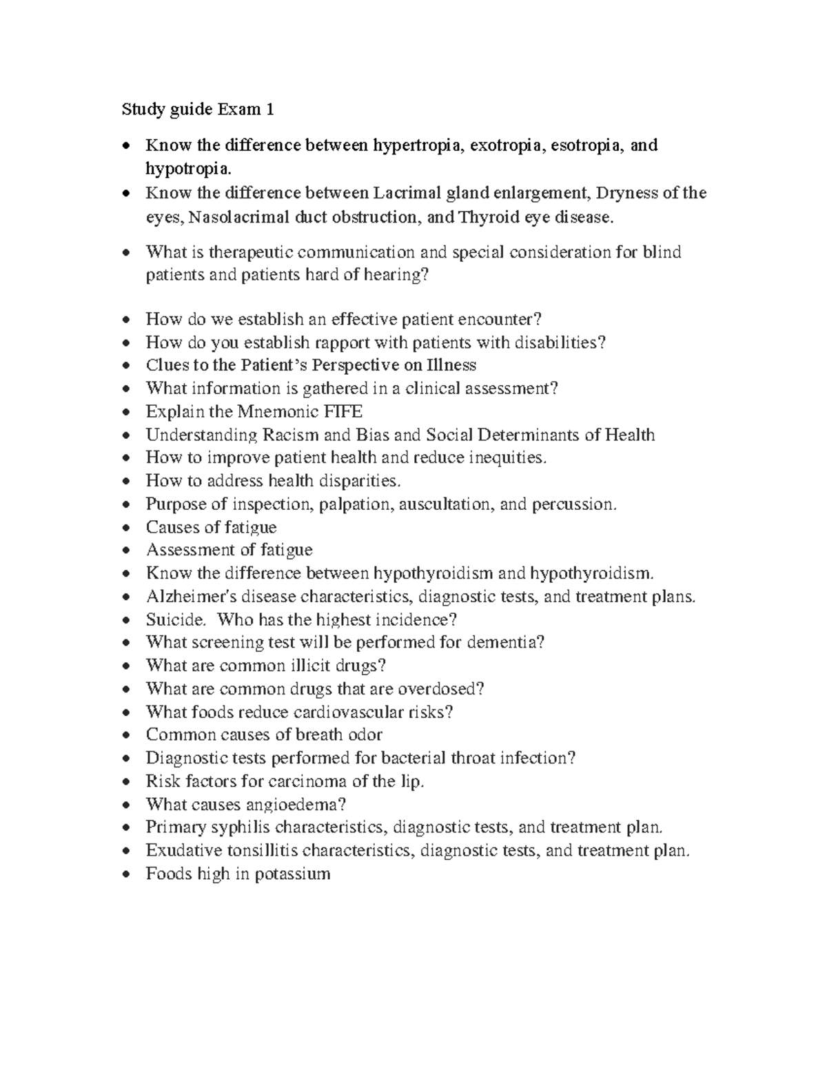 Study guide Exam 1 health assessment - Study guide Exam 1 Know the ...