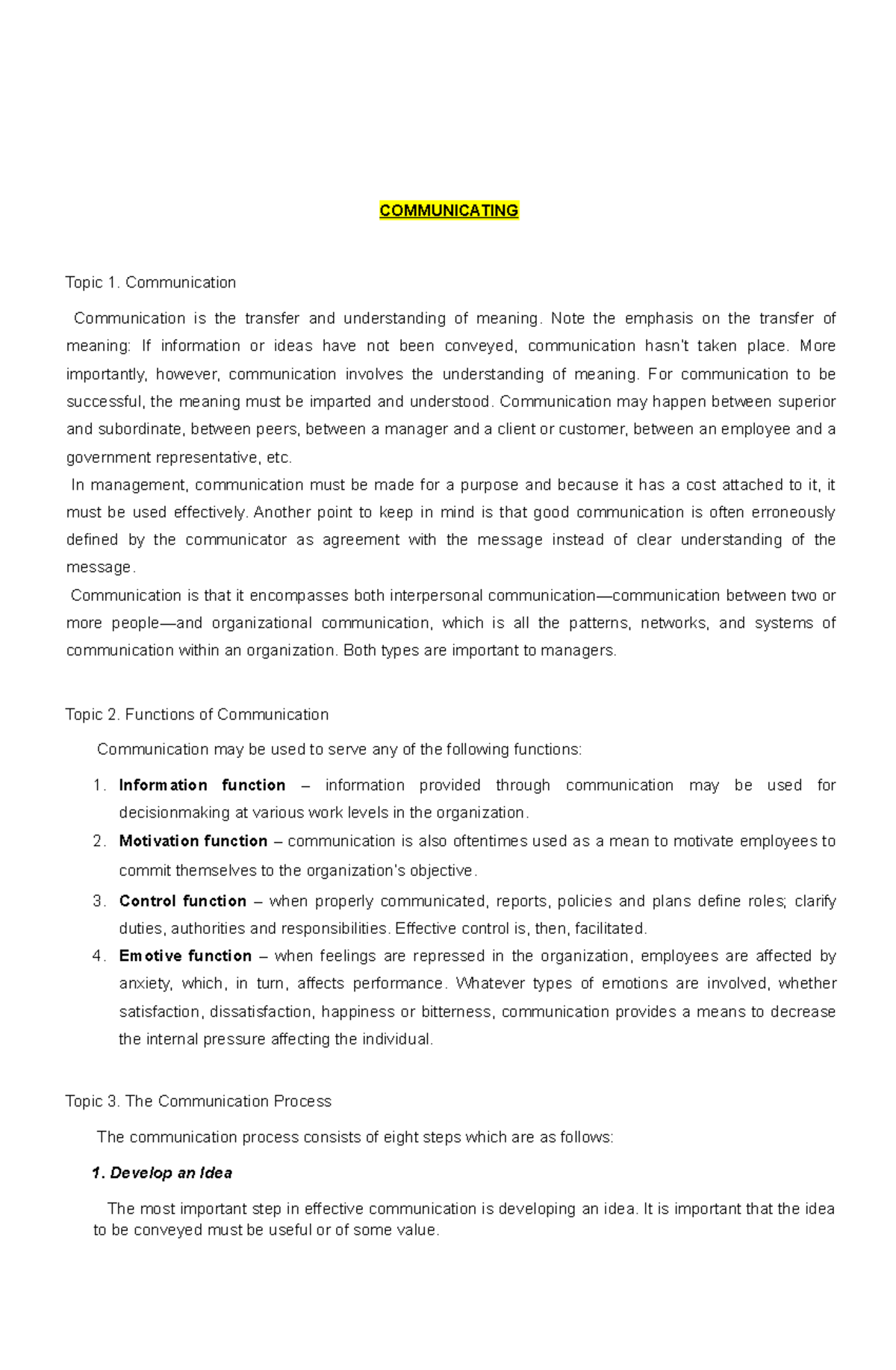 Eng. 1 - Lecture notes 1 - COMMUNICATING Topic 1. Communication ...
