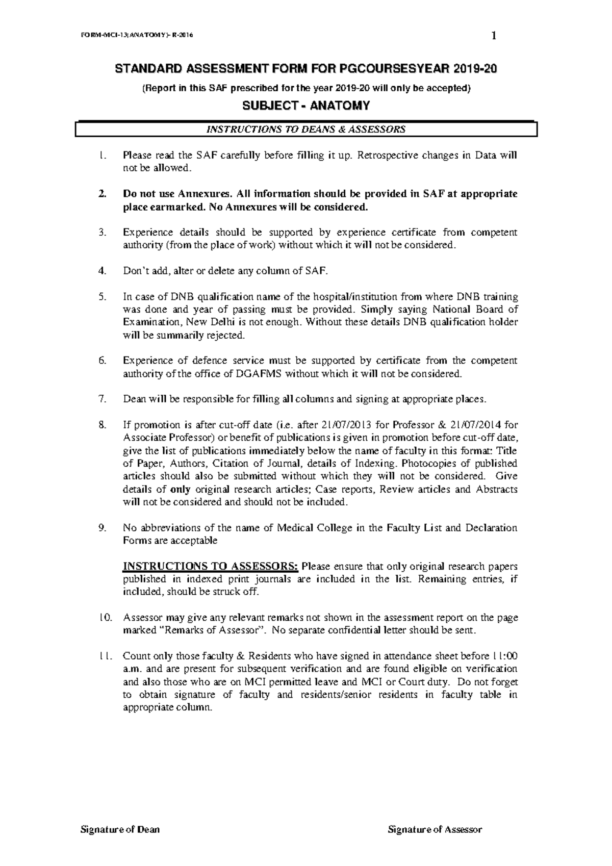 Anatomy - 1 STANDARD ASSESSMENT FORM FOR PGCOURSESYEAR (Report in this ...