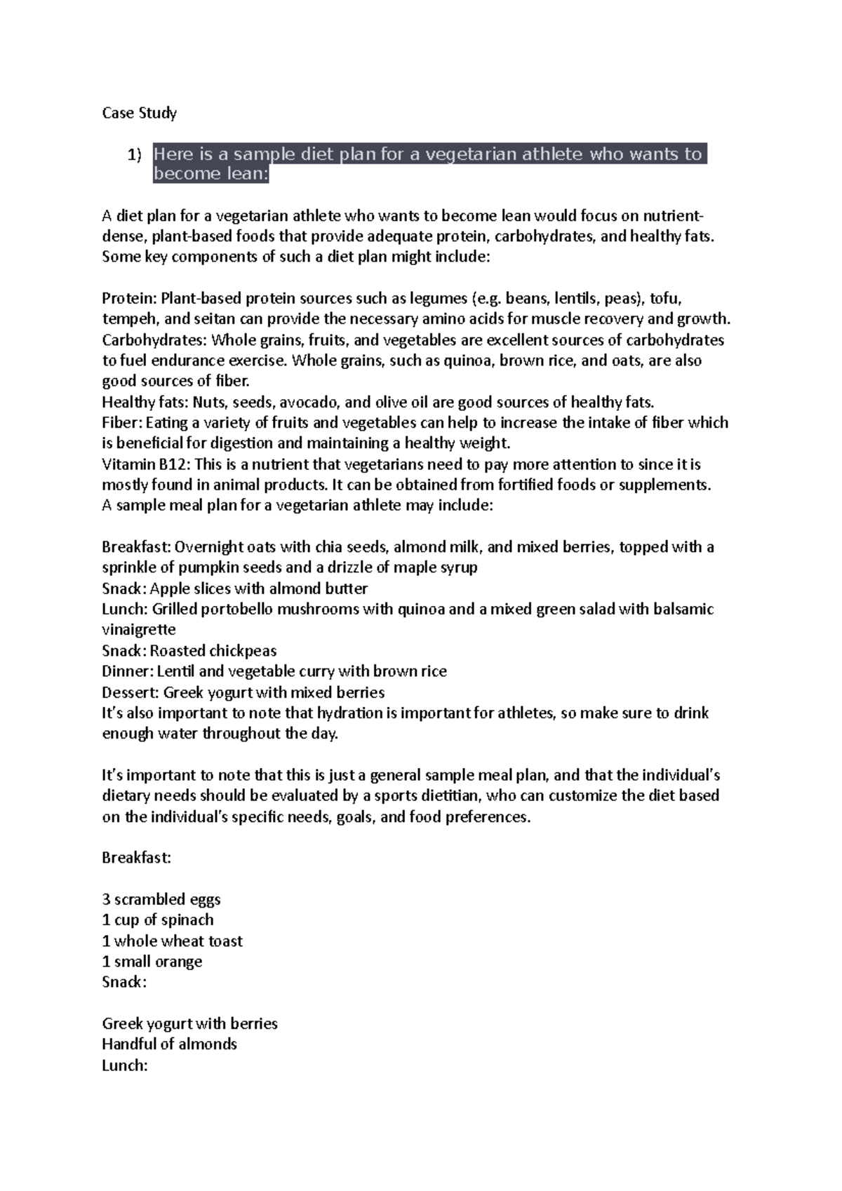 Case study on being lean - Case Study Here is a sample diet plan for a ...