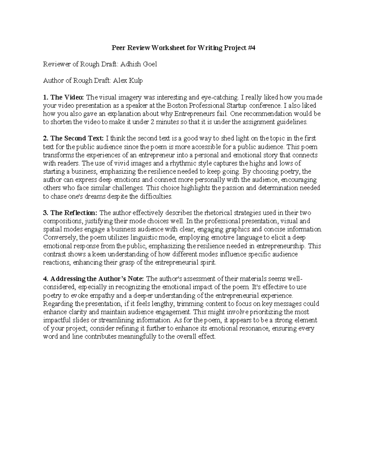 Peer Review Worksheet for Project 4 - Peer Review Worksheet for Writing ...