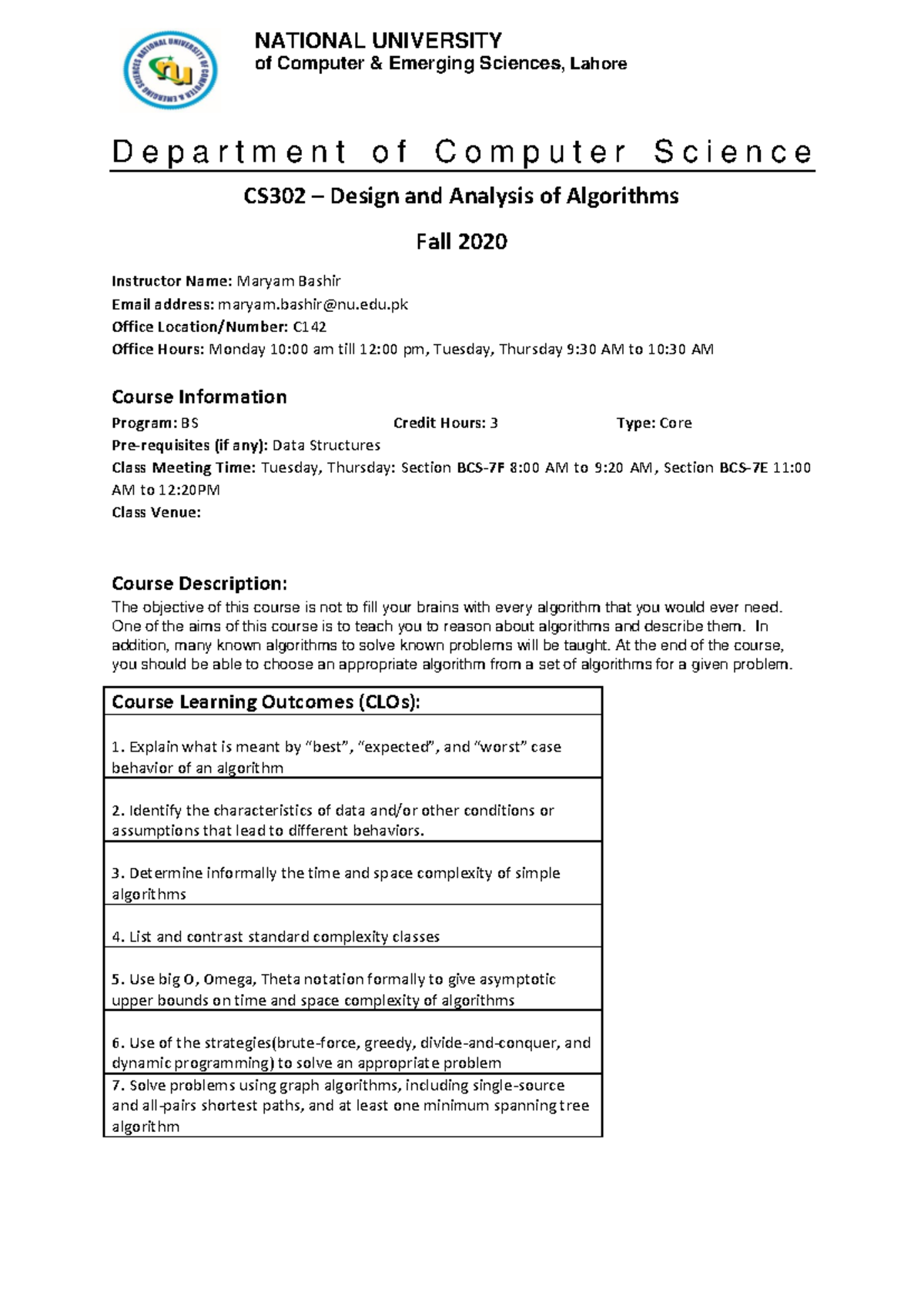 2020 - Course Outline - Fall - Algo - NATIONAL UNIVERSITY of Computer & Emerging Sciences, - Studocu