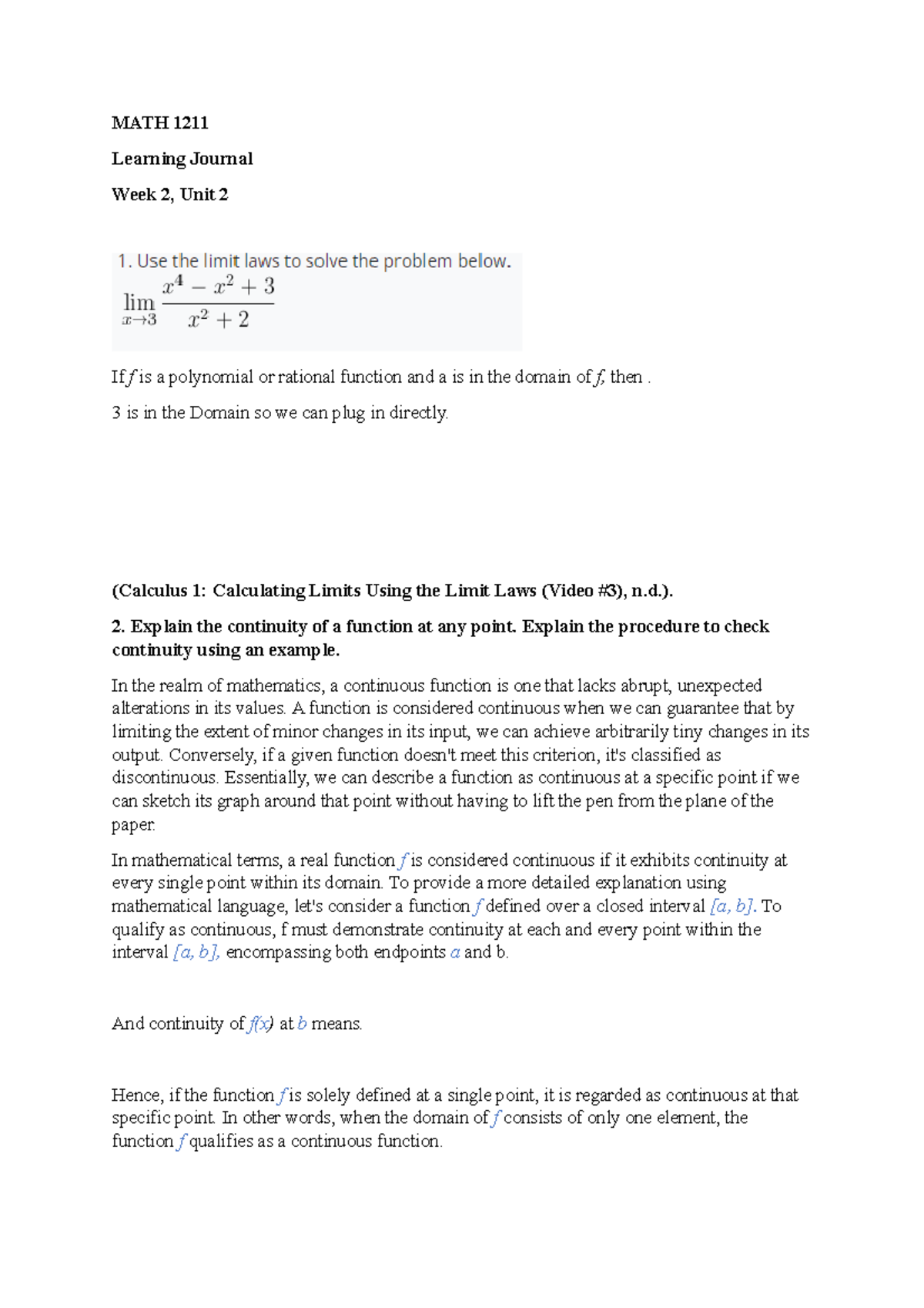 MATH 1211 Learning Journal Unit 2 - MATH 1211 Learning Journal Week 2 ...