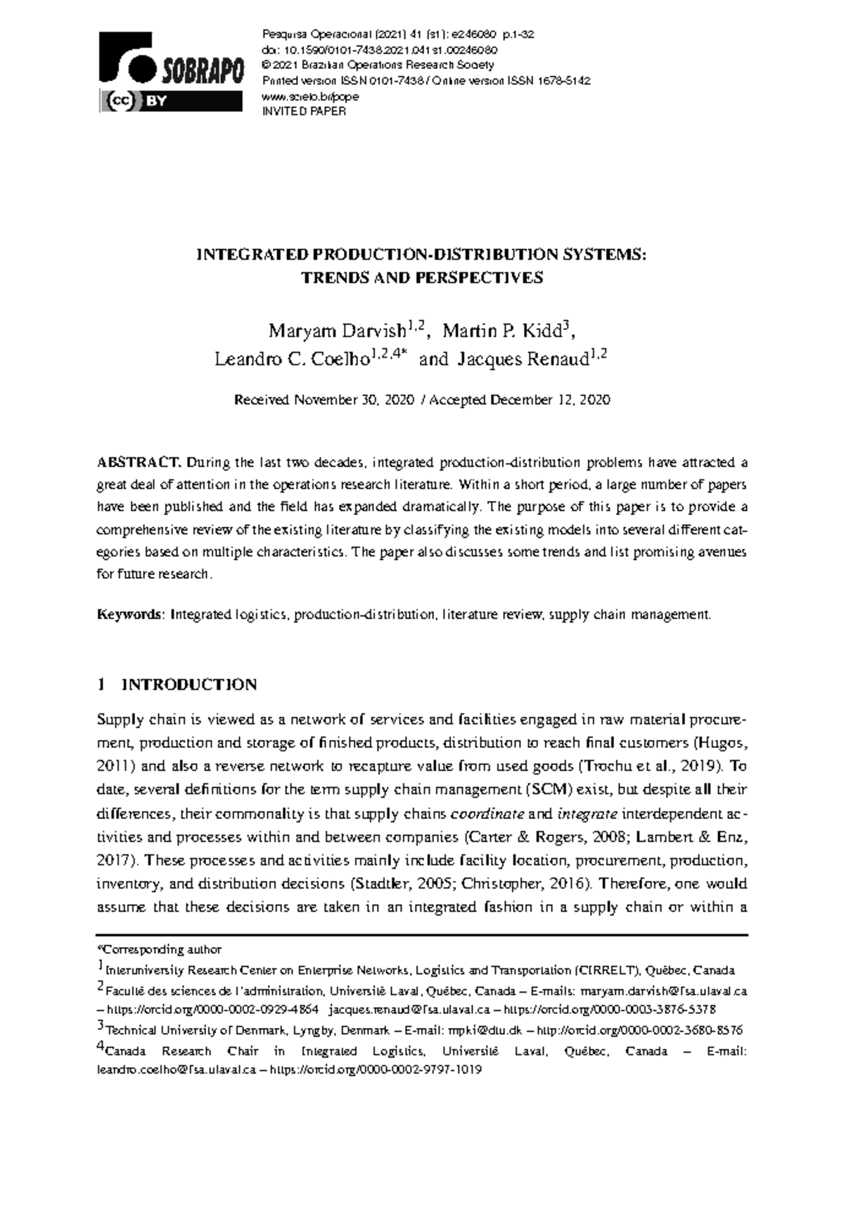 Integrated Production Distribution Systems Trends Pesquisa Operacional 2021 41 S1 E246080