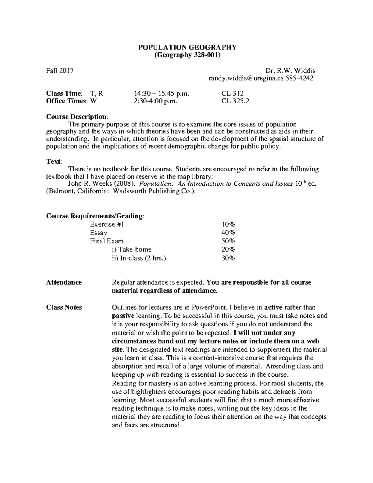 Geog 328 001 - POPULATION GEOGRAPHY (Geography 328-001) Fall 2017 Dr. R ...