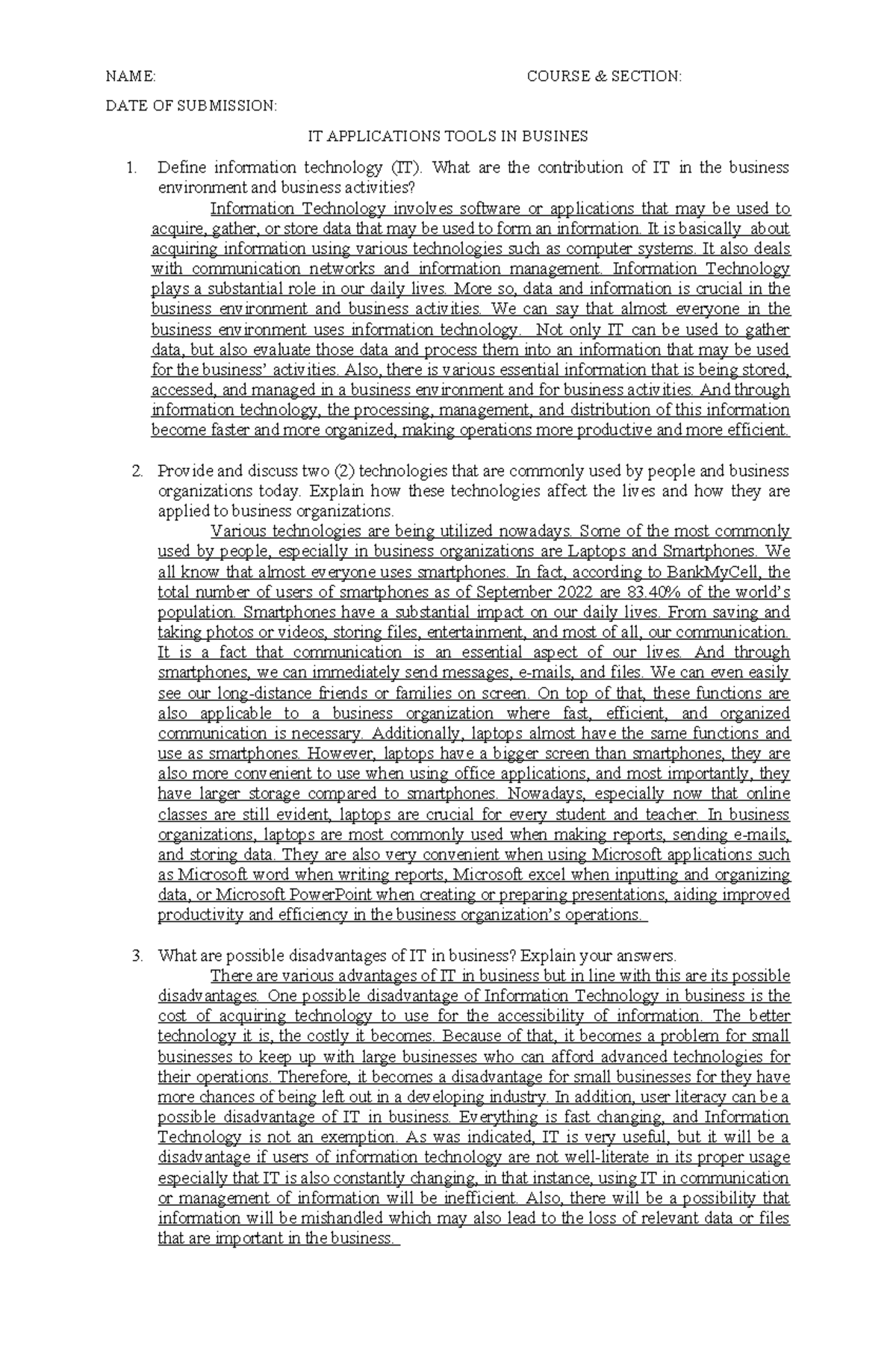 ACT 1 AIS101 - NAME: COURSE & SECTION: DATE OF SUBMISSION: IT ...