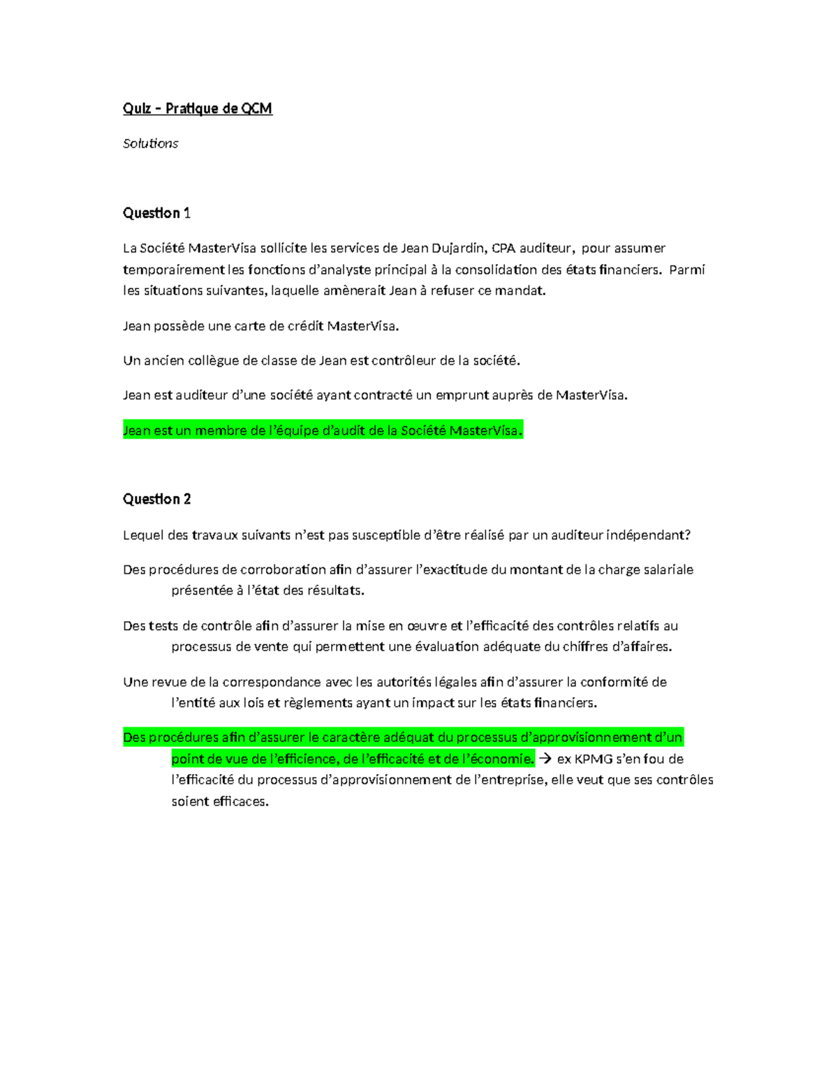 QCM de pratique intra - Quiz – Pratique de QCM Solutions Question 1 La ...