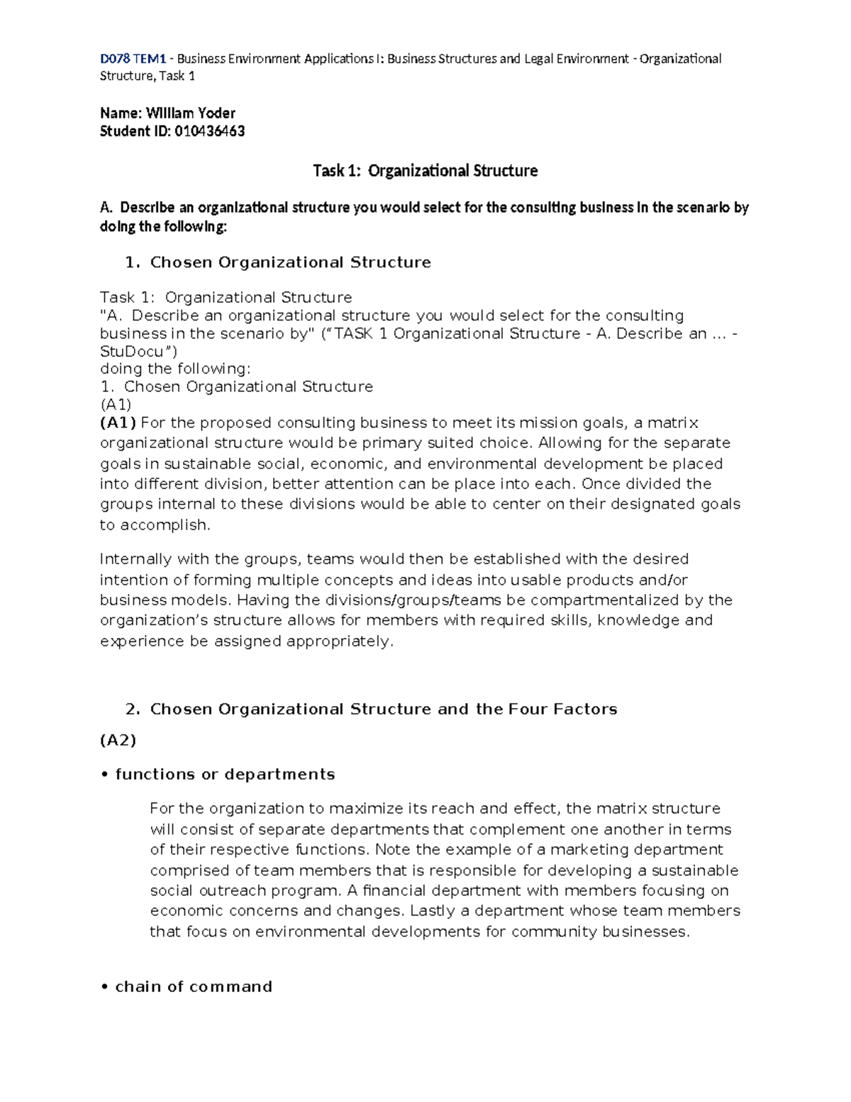 Task 1: Organizational Structure - D078 TEM1 - Business Environment ... Task 1: Organizational Structure - D078 TEM1 - Business Environment ...