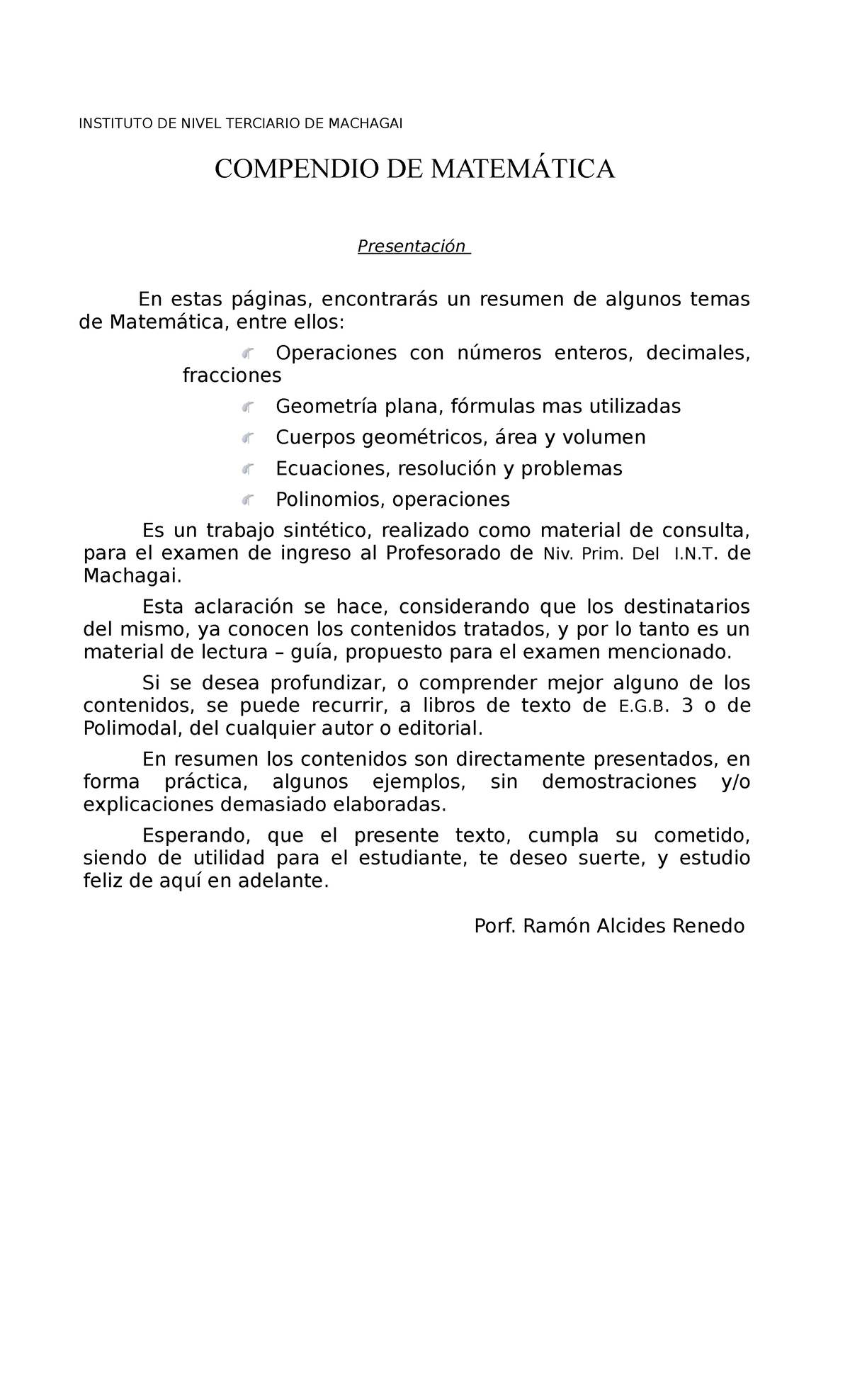 Compendio de Matematica - INSTITUTO DE NIVEL TERCIARIO DE MACHAGAI ...