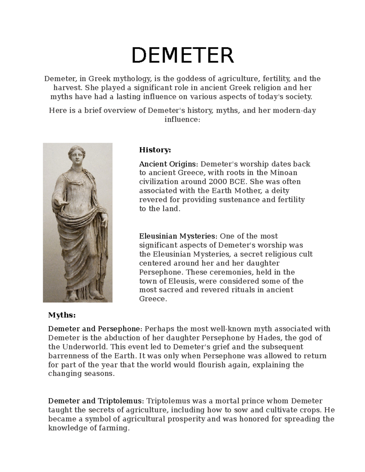 Demeter­- Greek - DEMETER Demeter, in Greek mythology, is the goddess ...