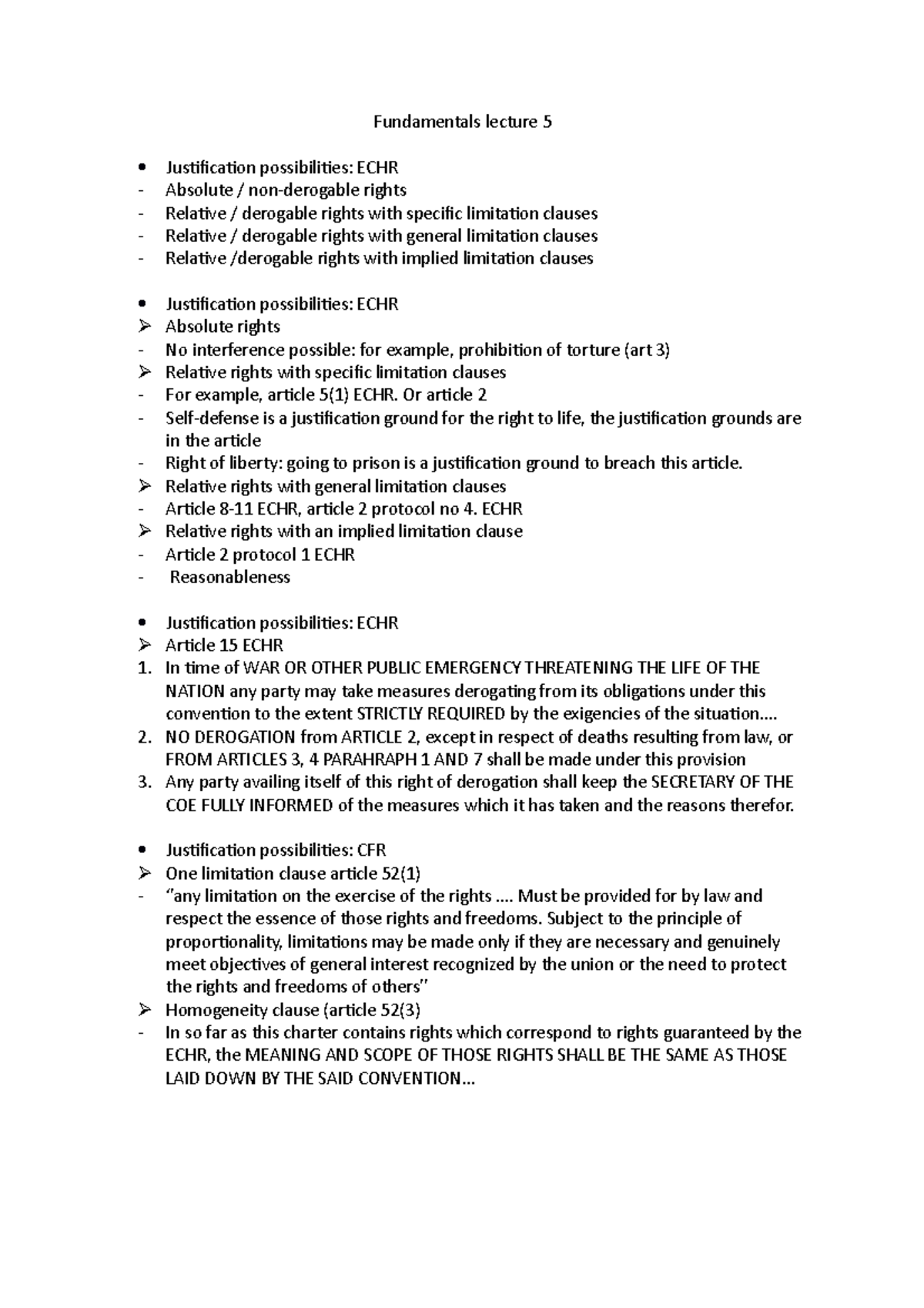 Fundamentals lecture 5 - Or article 2 Self-defense is a justification ...