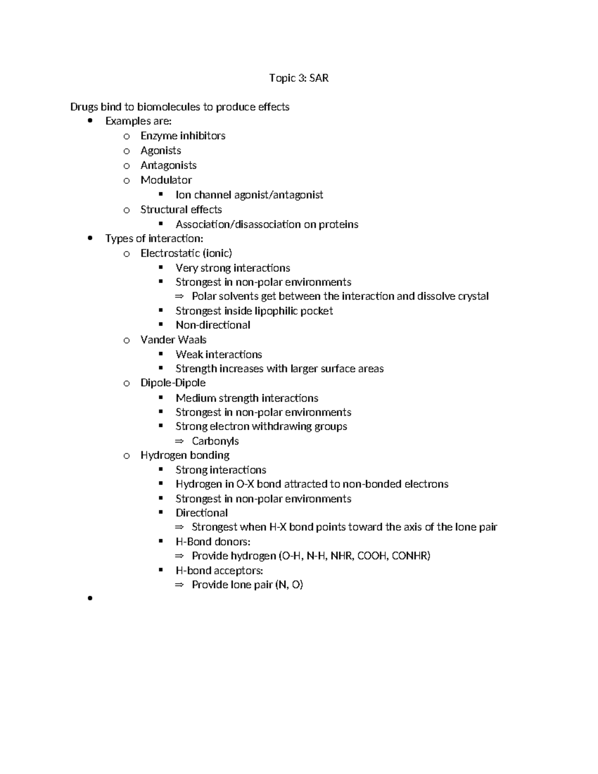 Topic 3 SAR - lect notes - Topic 3: SAR Drugs bind to biomolecules to ...