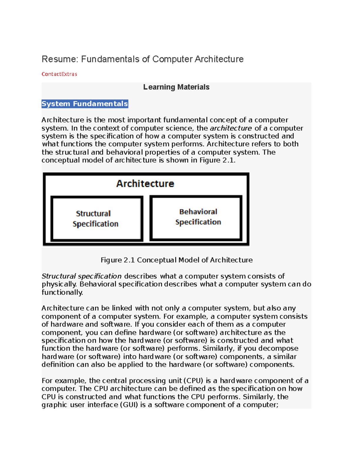 Intellapath intro to - Work assignments - Resume: Fundamentals of Computer Architecture - Studocu
