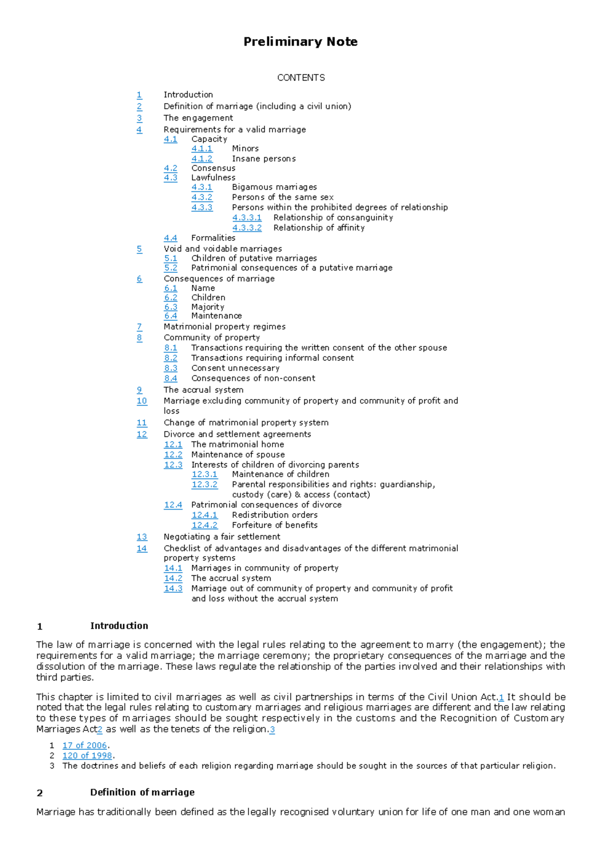 Marriage and Settlement Contracts - Preliminary Note CONTENTS 1 ...