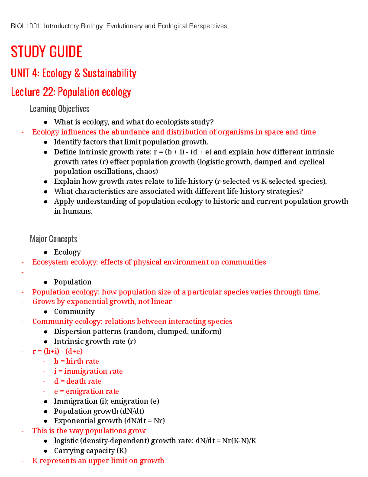Lecture 22 Population ecology - Study Guide - BIOL 1001 - the U of M ...