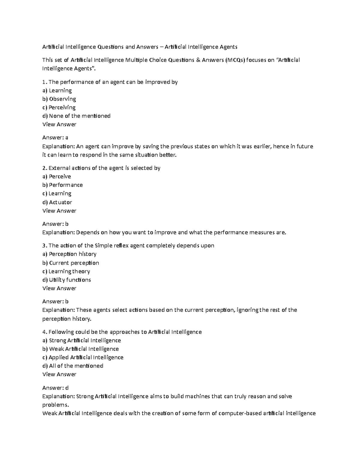 Agents - Week 5 work - Artificial Intelligence Questions and Answers ...