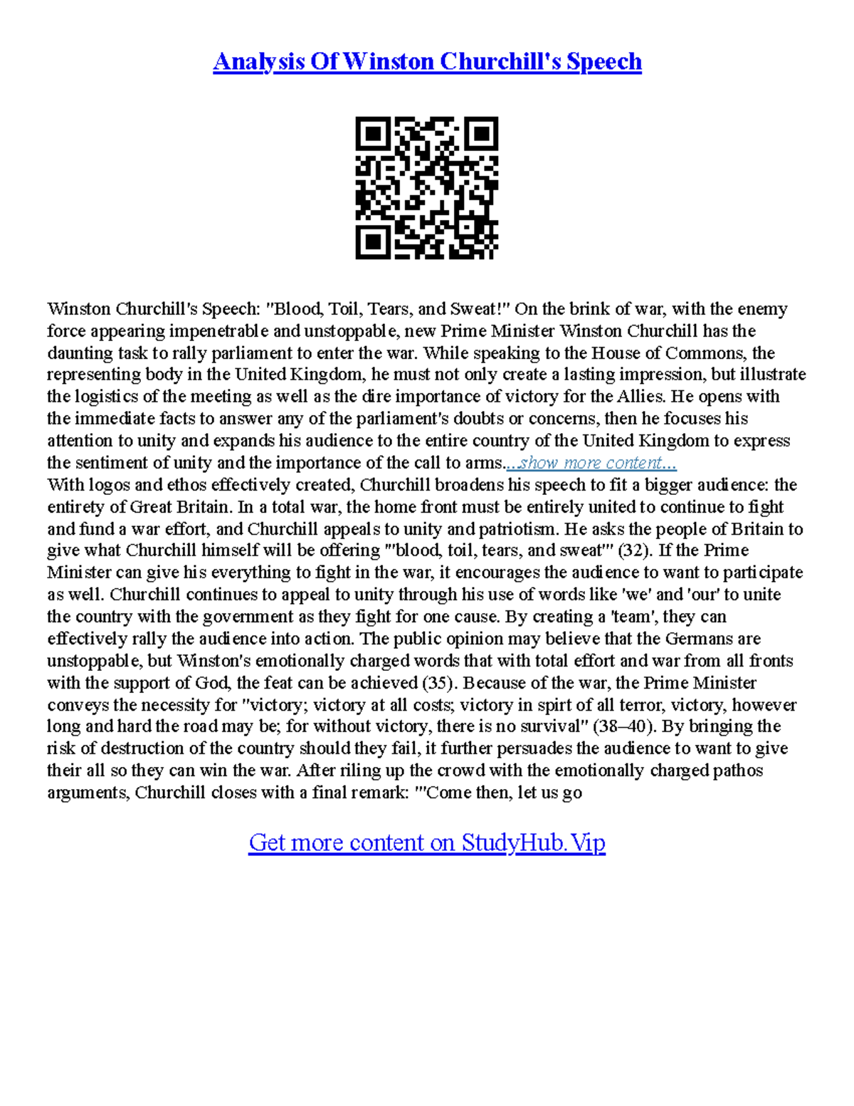 Winston Churchill Essay - Analysis Of Winston Churchill's Speech ...