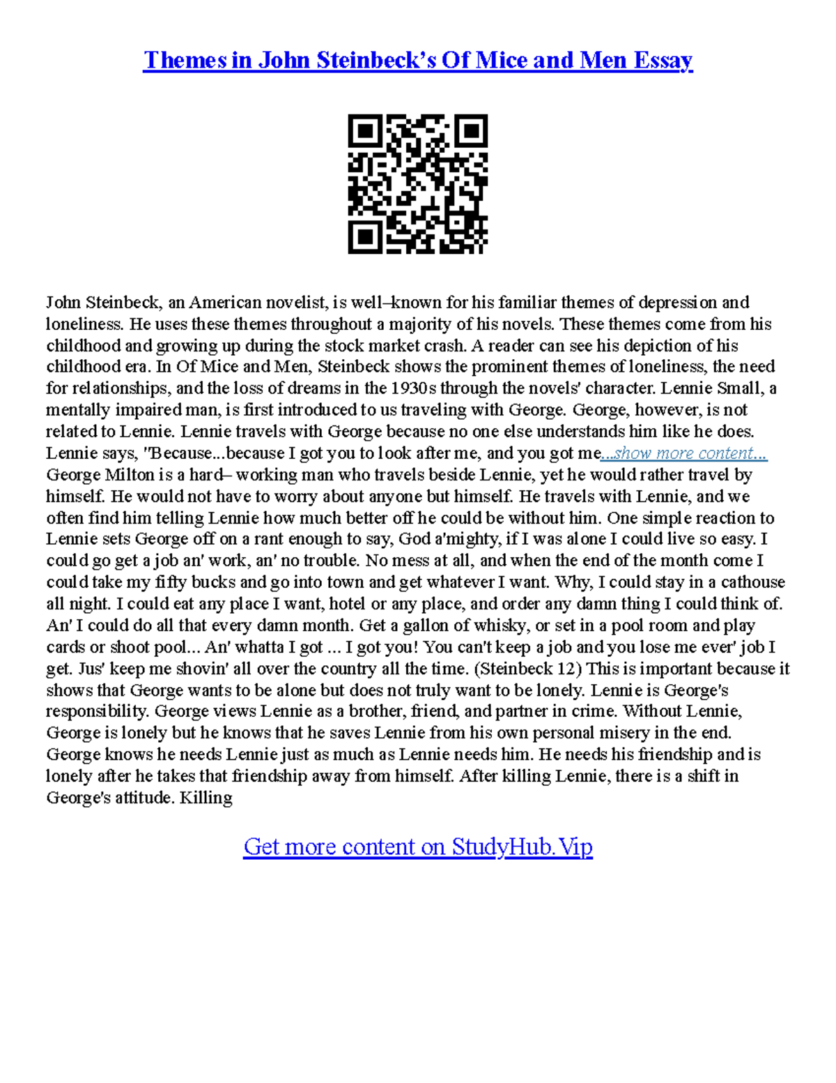 Of Mice And Men Themes Essay - Themes in John Steinbeck’s Of Mice and ...