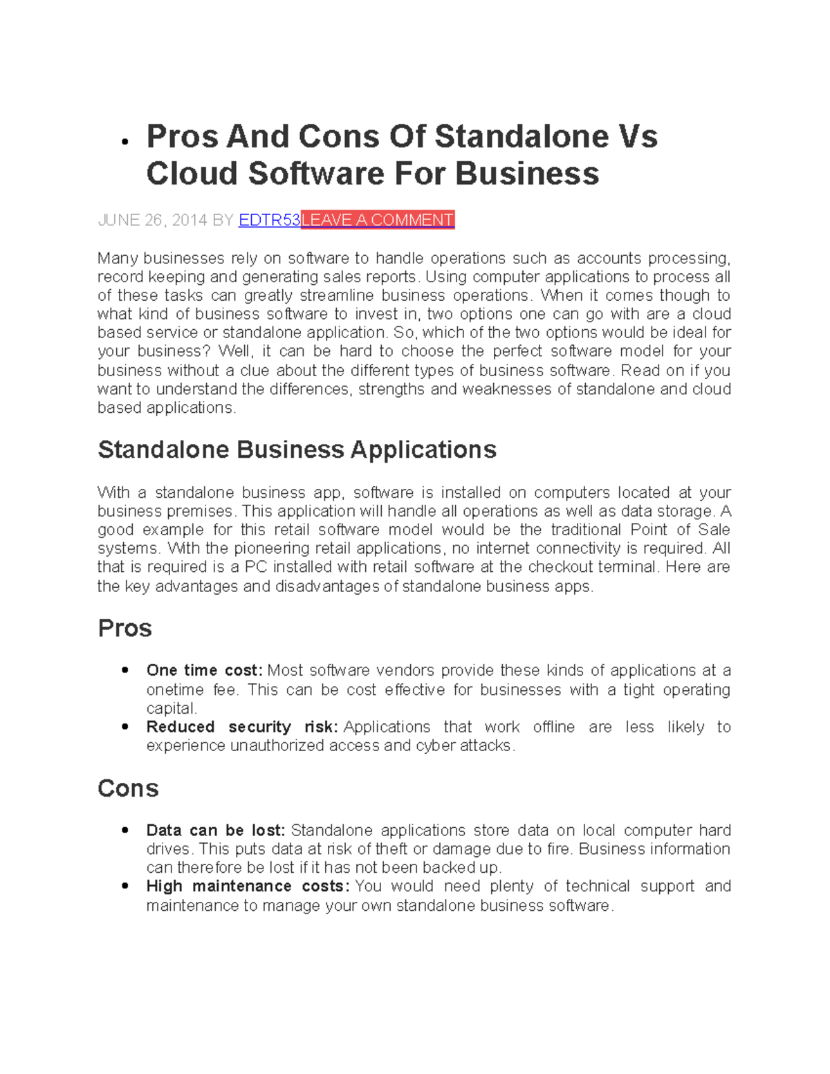 Choosing the Software App - Pros And Cons Of Standalone Vs Cloud ...