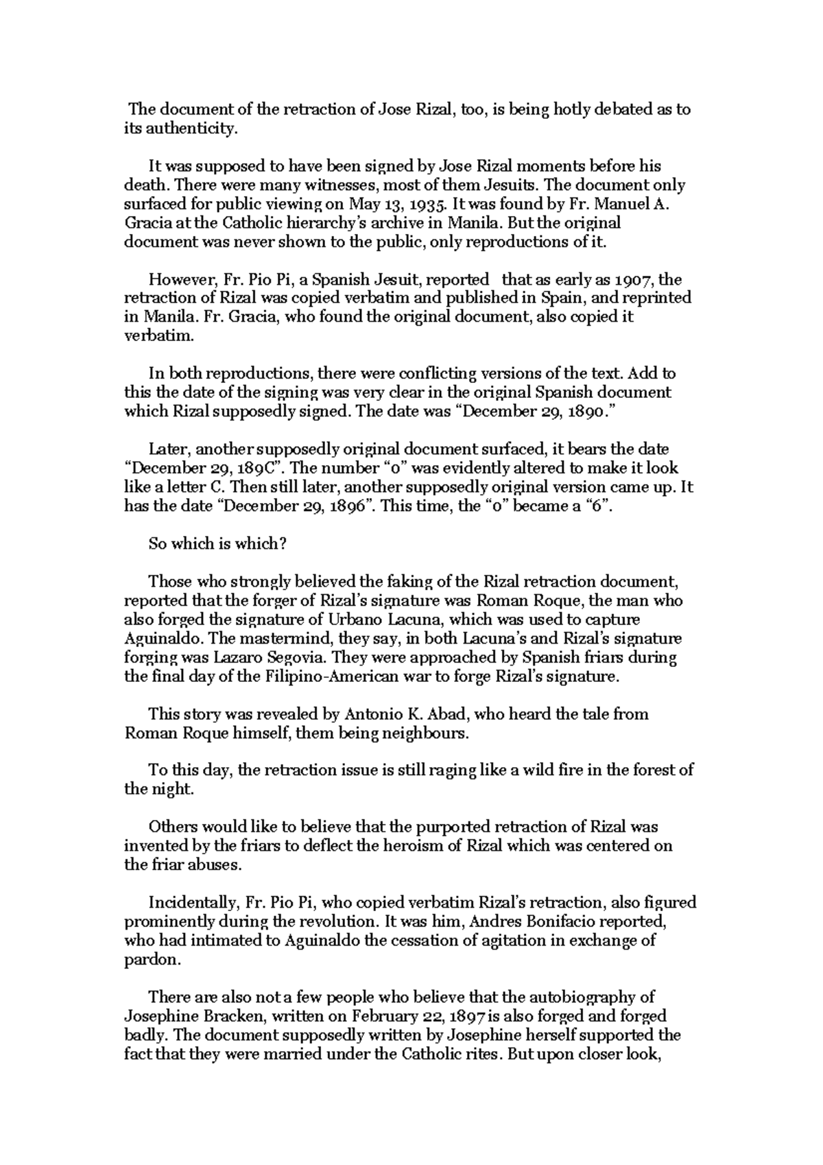 The document of the retraction of Jose Rizal - It was supposed to have ...