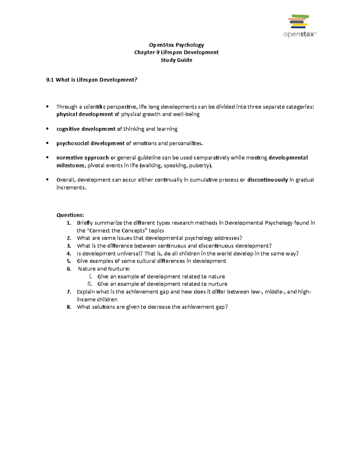 Open Stax Psychology 2e LN09 - OpenStax Psychology Chapter 9 Lifespan Development Study Guide 9 ...