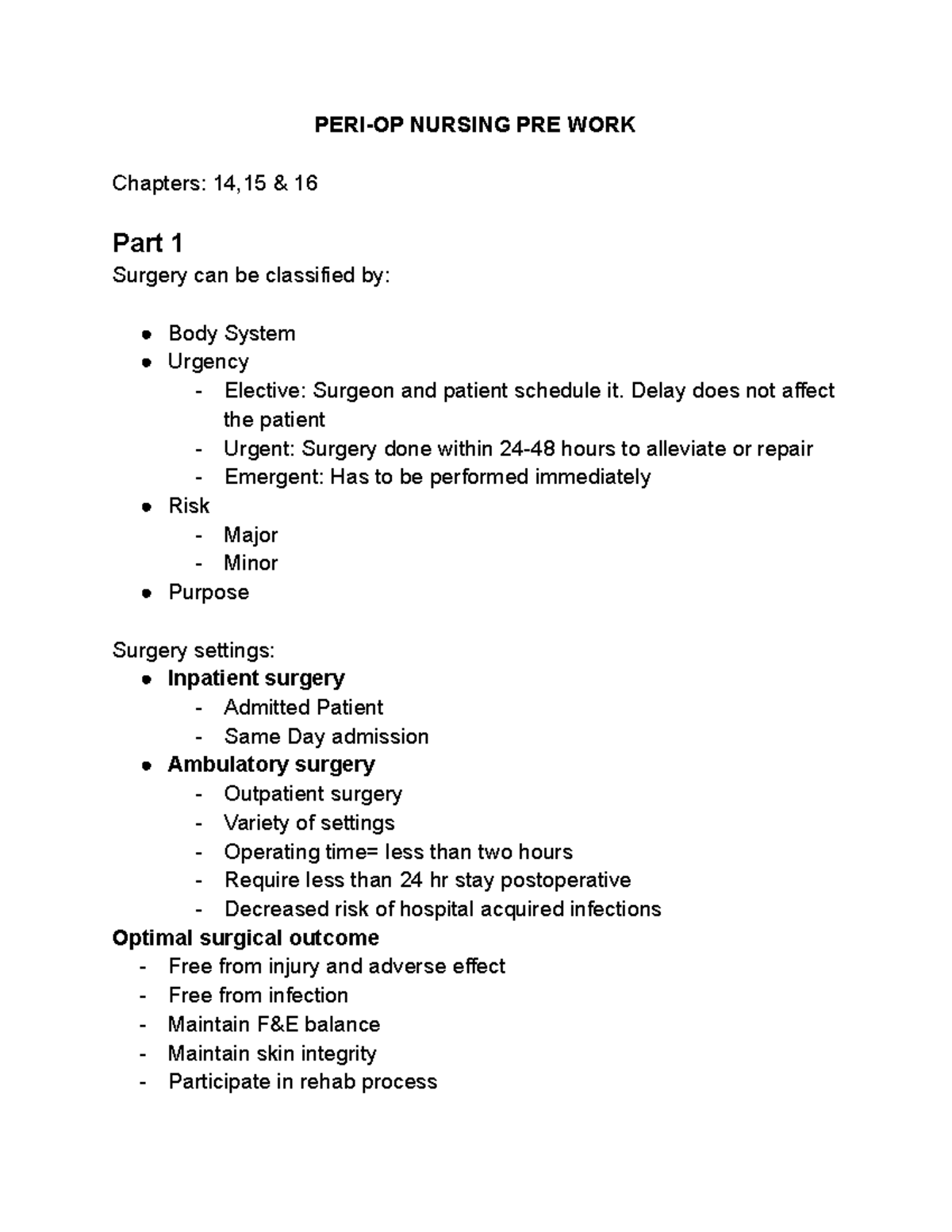 PERI-OP - nnnn - PERI-OP NURSING PRE WORK Chapters: 14,15 & 16 Part 1 ...