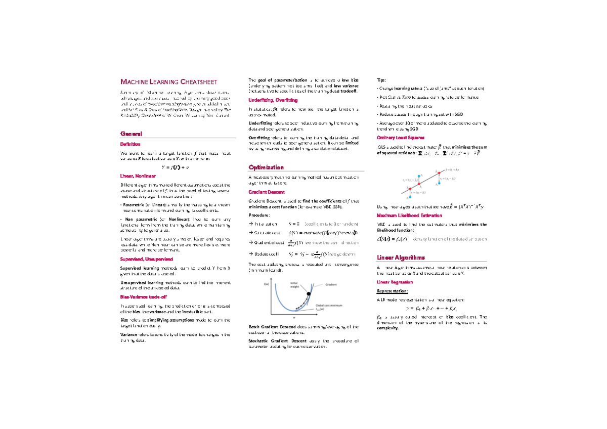 Ml cheatsheet for Interview - MACHINE LEARNING CHEATSHEET Summary of Machine Learning Algorithms ...