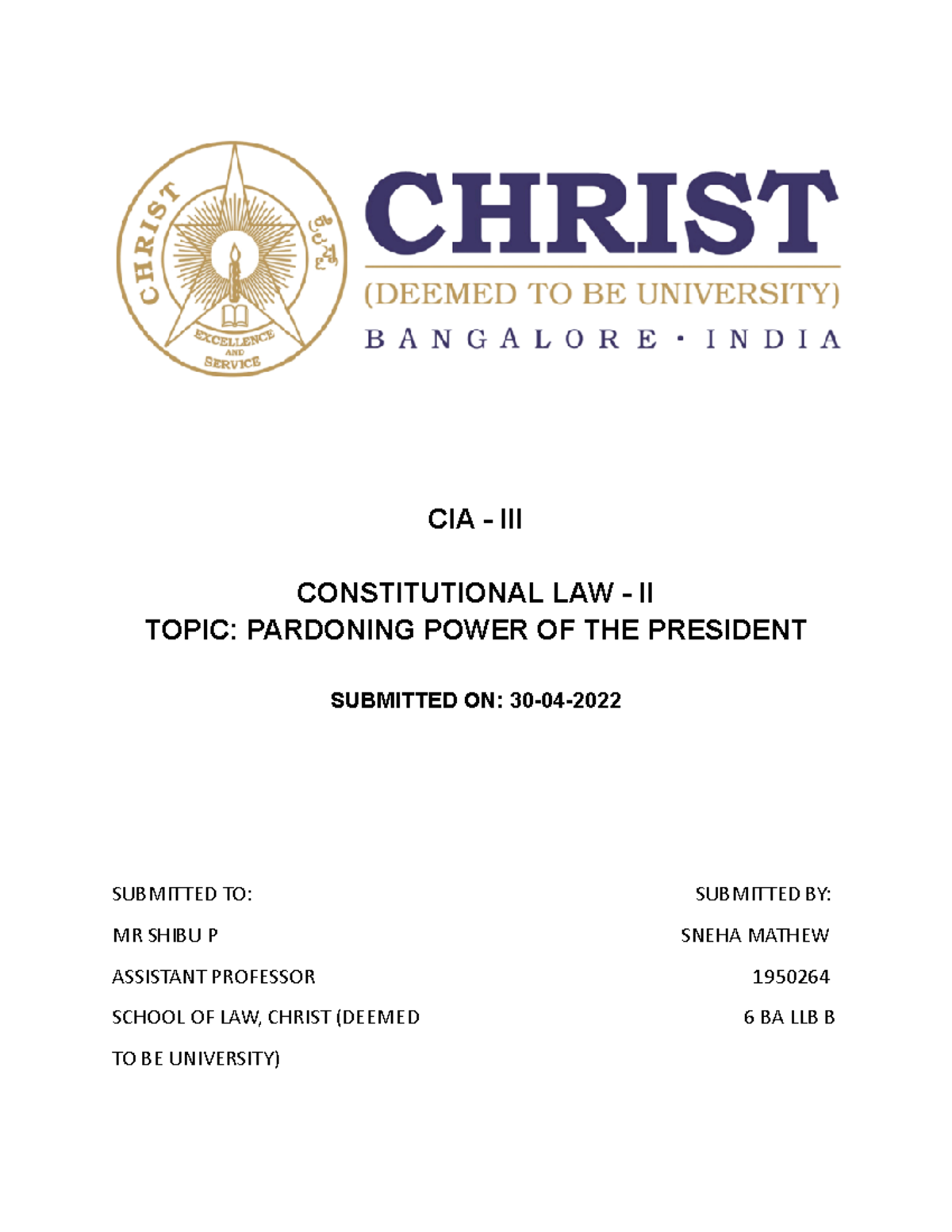 CIA III Research Paper: Pardoning Powers - CIA - III CONSTITUTIONAL LAW ...