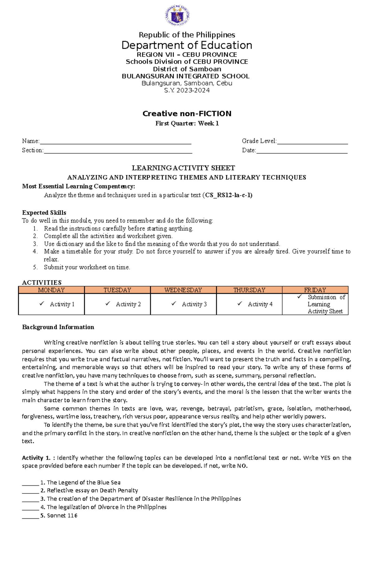 LAS 1 - Learning Activities - Republic of the Philippines Department of ...