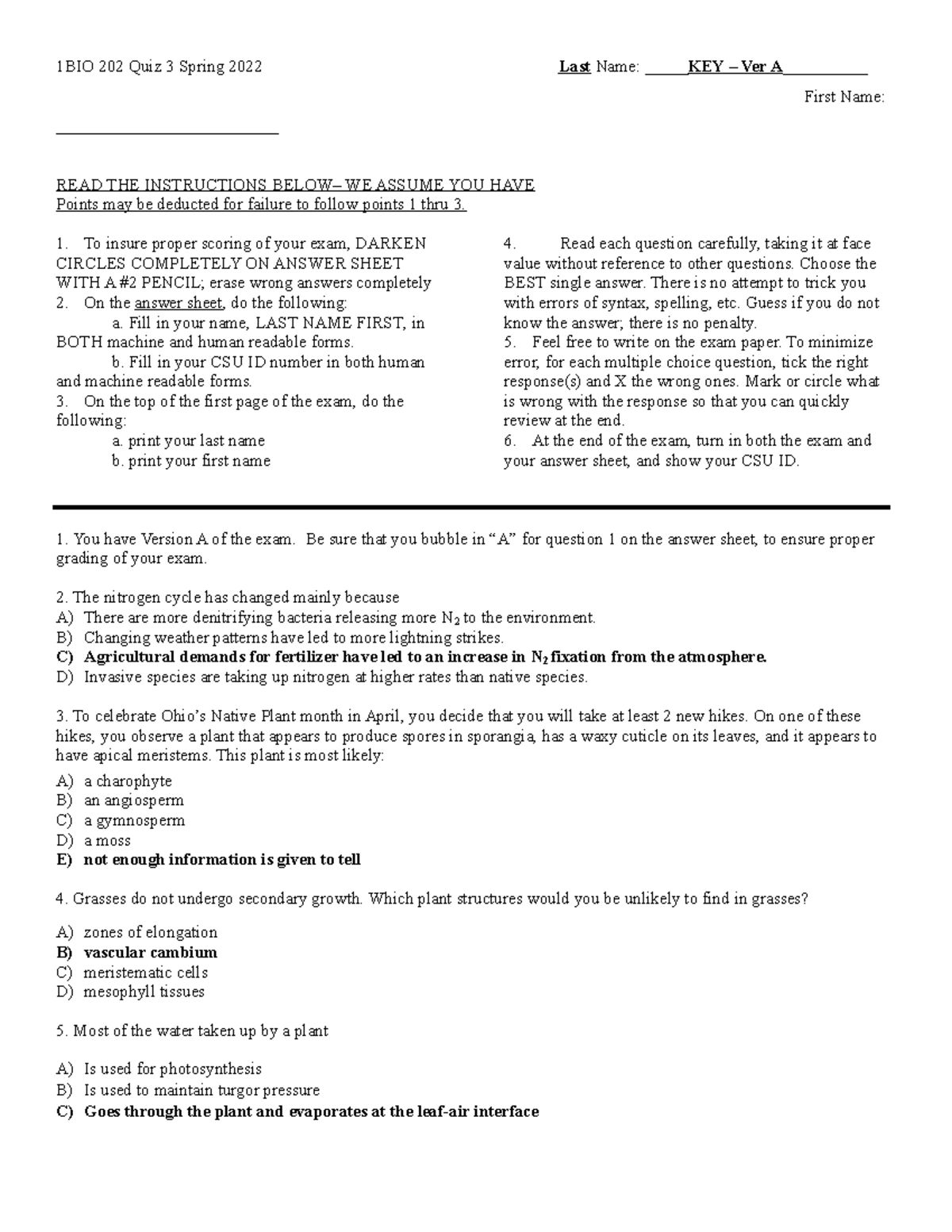 BIO202 2022 Spring Quiz 3 Ver A KEY - 1BIO 202 Quiz 3 Spring 2022 Last ...