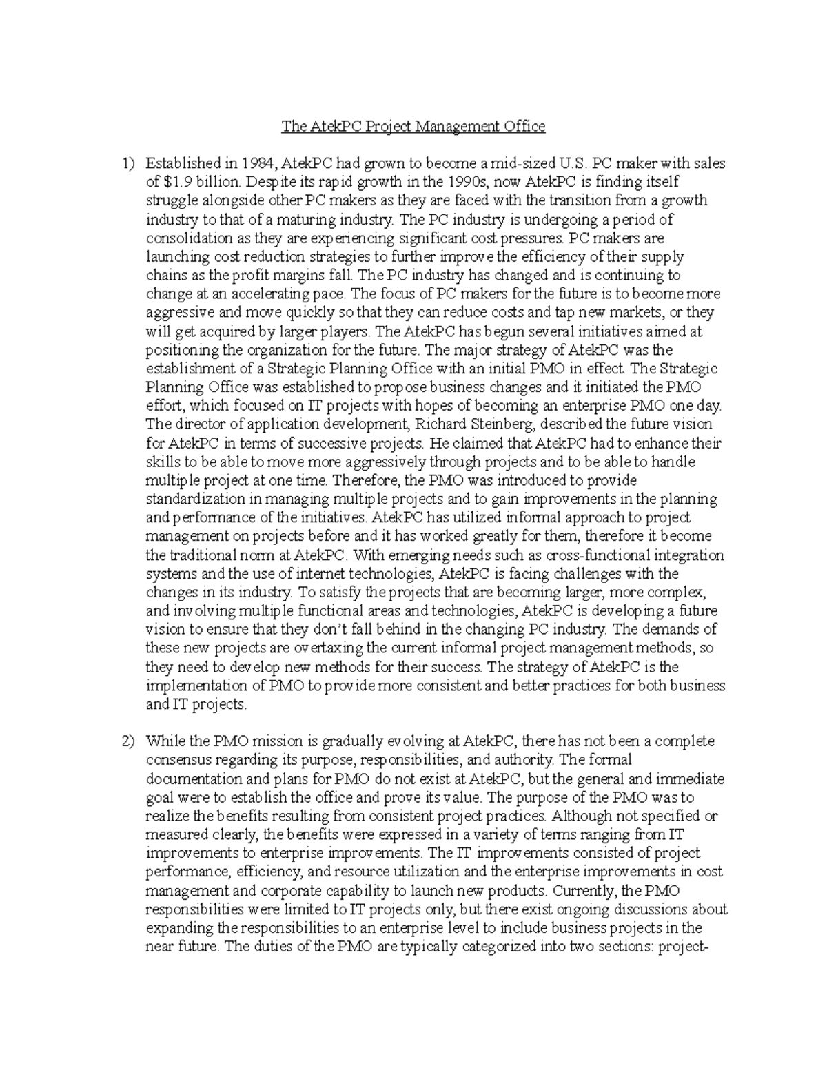 The Atek PC PMO - Assignment - The AtekPC Project Management Office ...