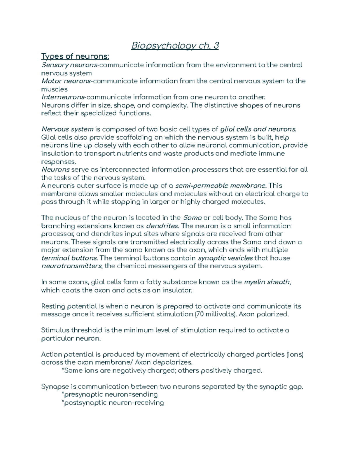 Bio-psychology, General Psychology Class Notes - Biopsychology ch. 3 ...