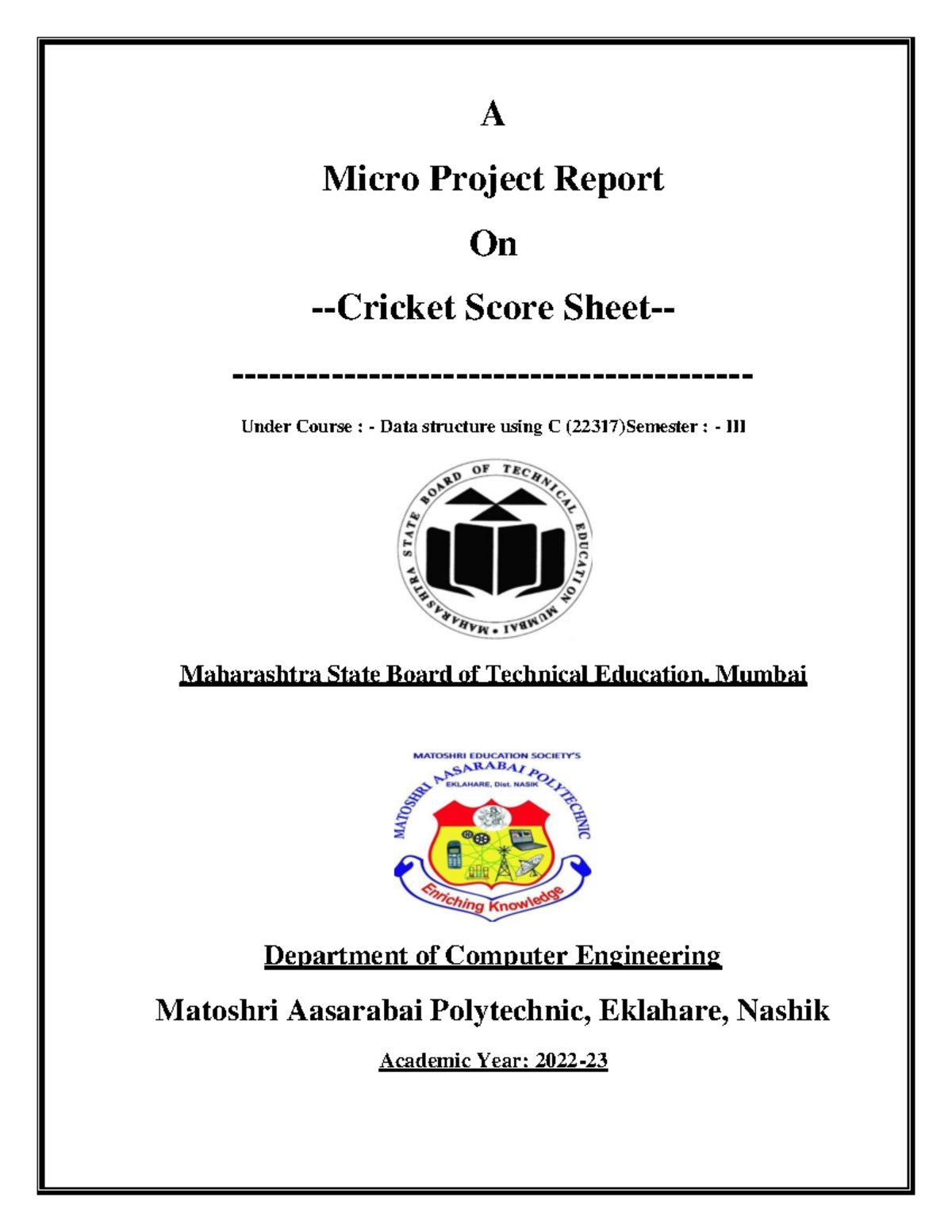 Microproject DSU(2023)3RD SEM(PDF) - Copy - A Micro Project Report On -Cricket Score Sheet ...