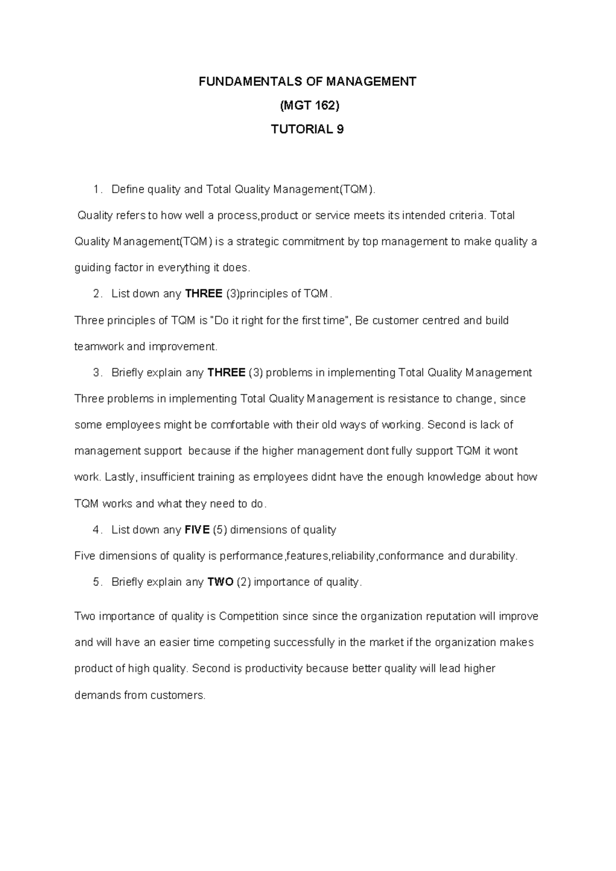Tutorial 9-QUALITY - FUNDAMENTALS OF MANAGEMENT (MGT 162) TUTORIAL 9 1 ...