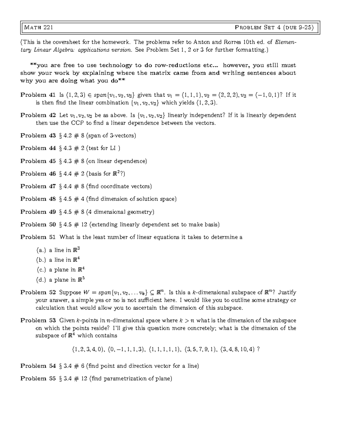 Seminar assignments Homework 4 - Math 221 Problem Set 4 (due (This is ...