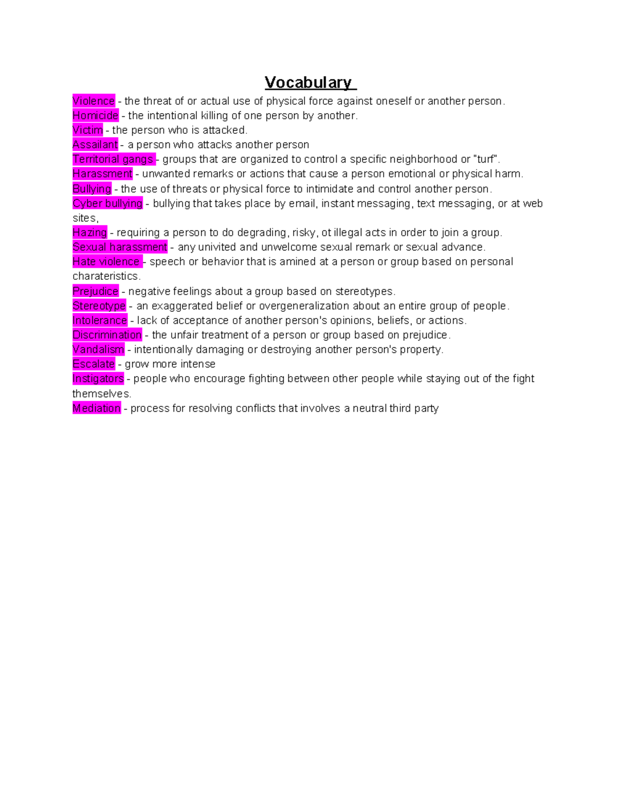 Ap Human Geograhy - Vocabulary Violence - the threat of or actual use ...