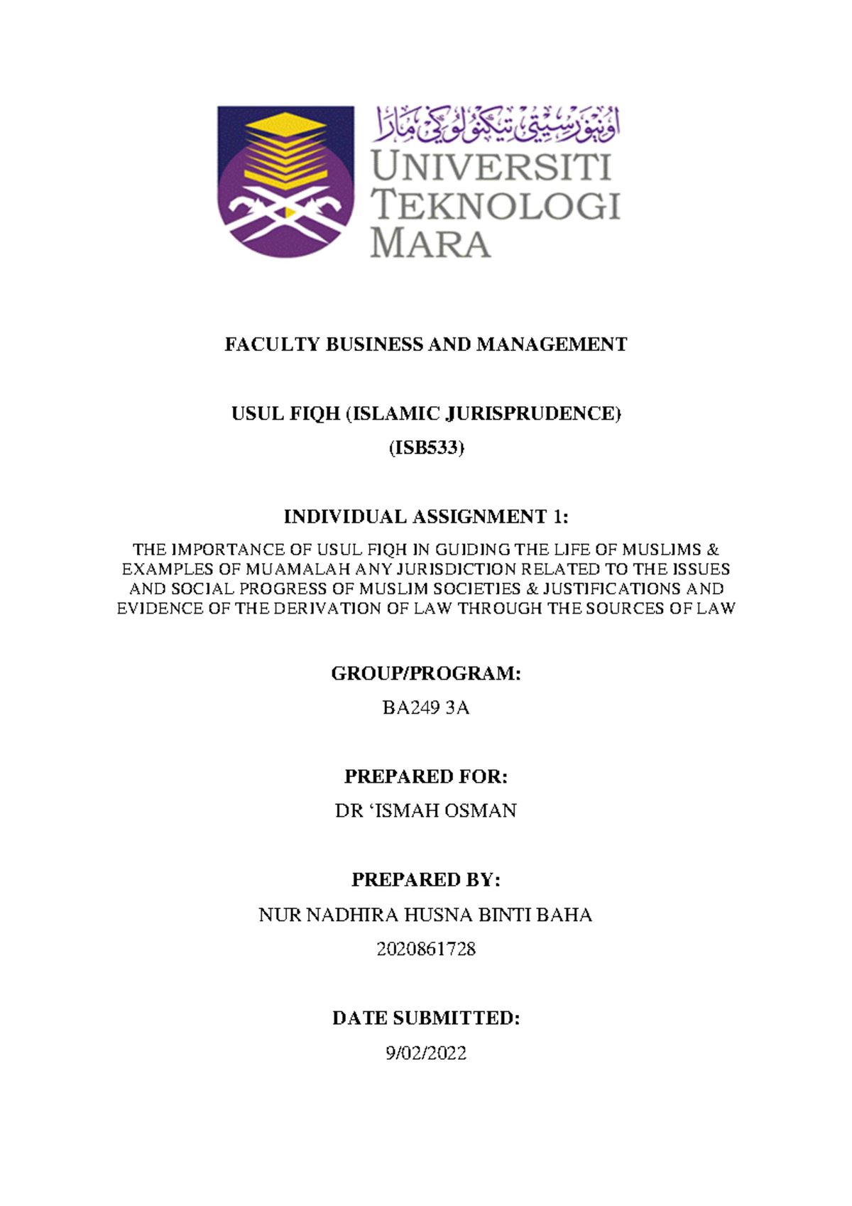 Individual Assignment NUR Nadhira Husna 2020861728 - FACULTY BUSINESS ...