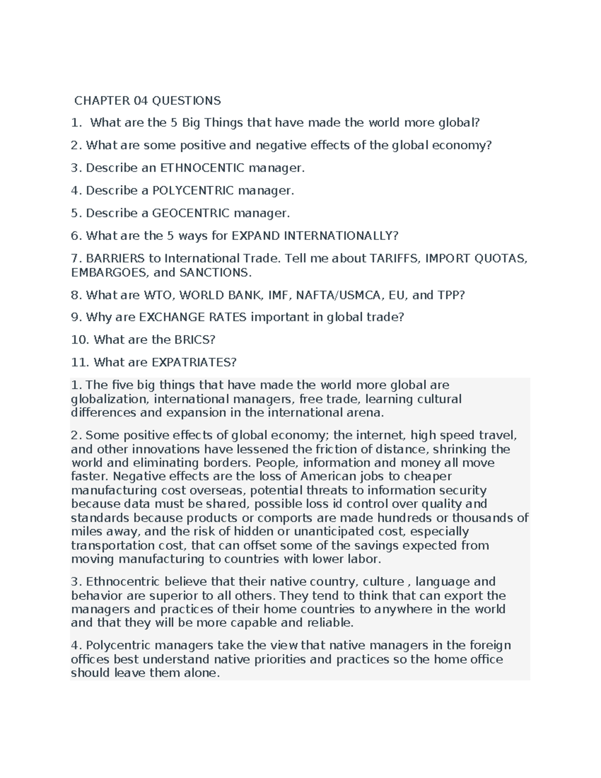 Chapter 05 Questions - Homework - CHAPTER 04 QUESTIONS What are the 5 ...