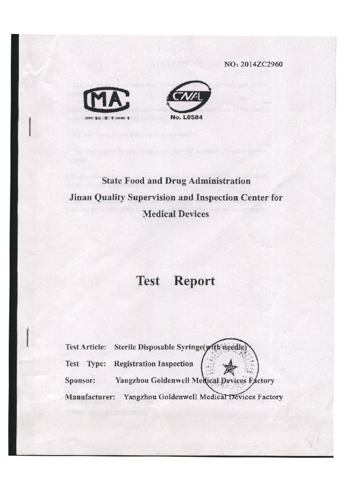 Biocompatibility Test Report - NO: 2014ZC2960 MA CNAL (2001) au ( 7 z ...