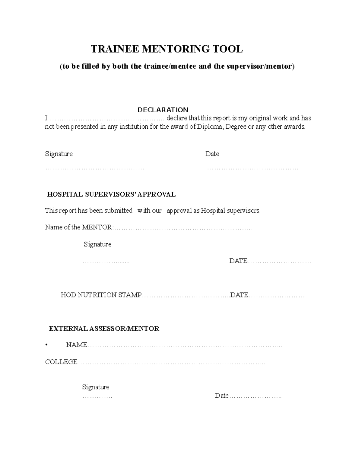 Trainee Short Mentoring TOOL - TRAINEE MENTORING TOOL (to be filled by both the trainee/mentee ...