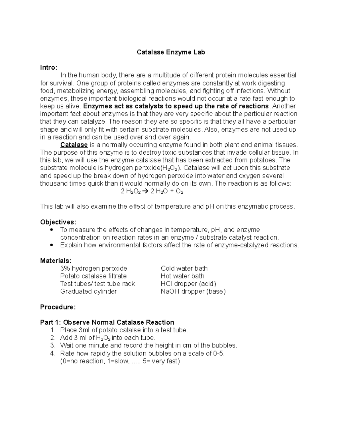 Catalase Enzyme Lab - Catalase Enzyme Lab Intro: In the human body ...