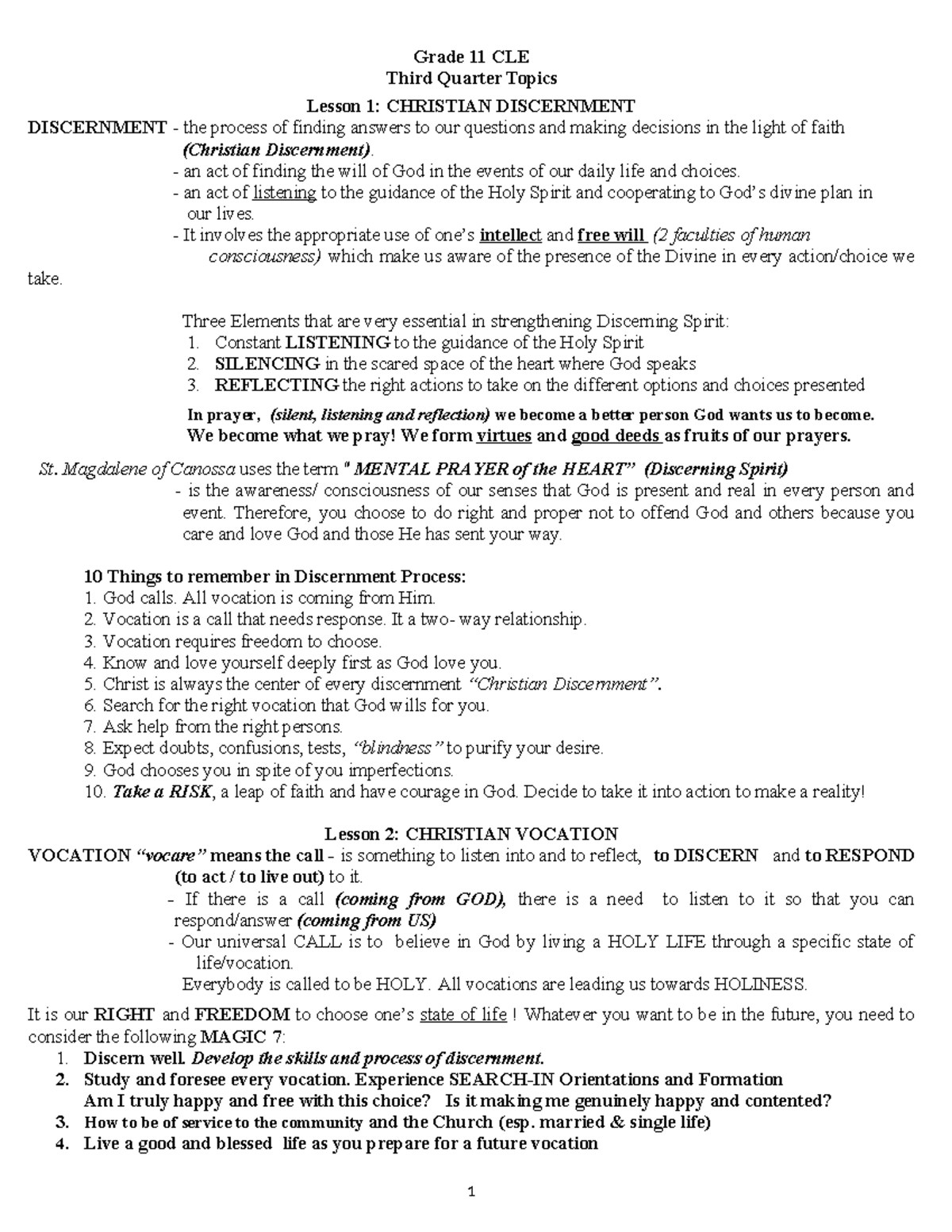 Notes on Discernment and Vocation - Grade 11 CLE Third Quarter Topics ...