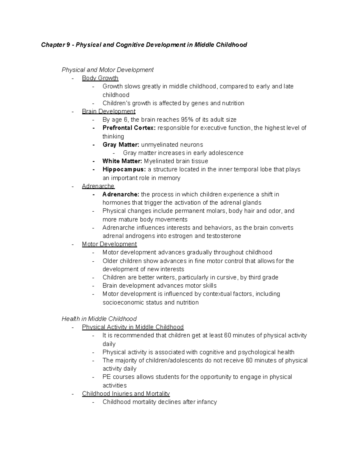 Developmental Psychology (PSY 376) Chapters 9-12 - Chapter 9 - Physical ...