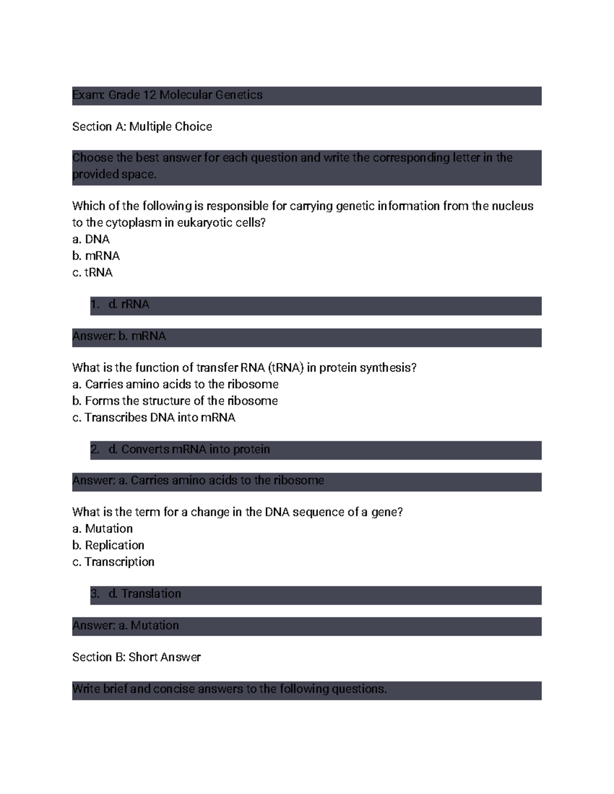 Exam Grade 12 Molecular Genetics Quiz Practice - Exam: Grade 12 ...