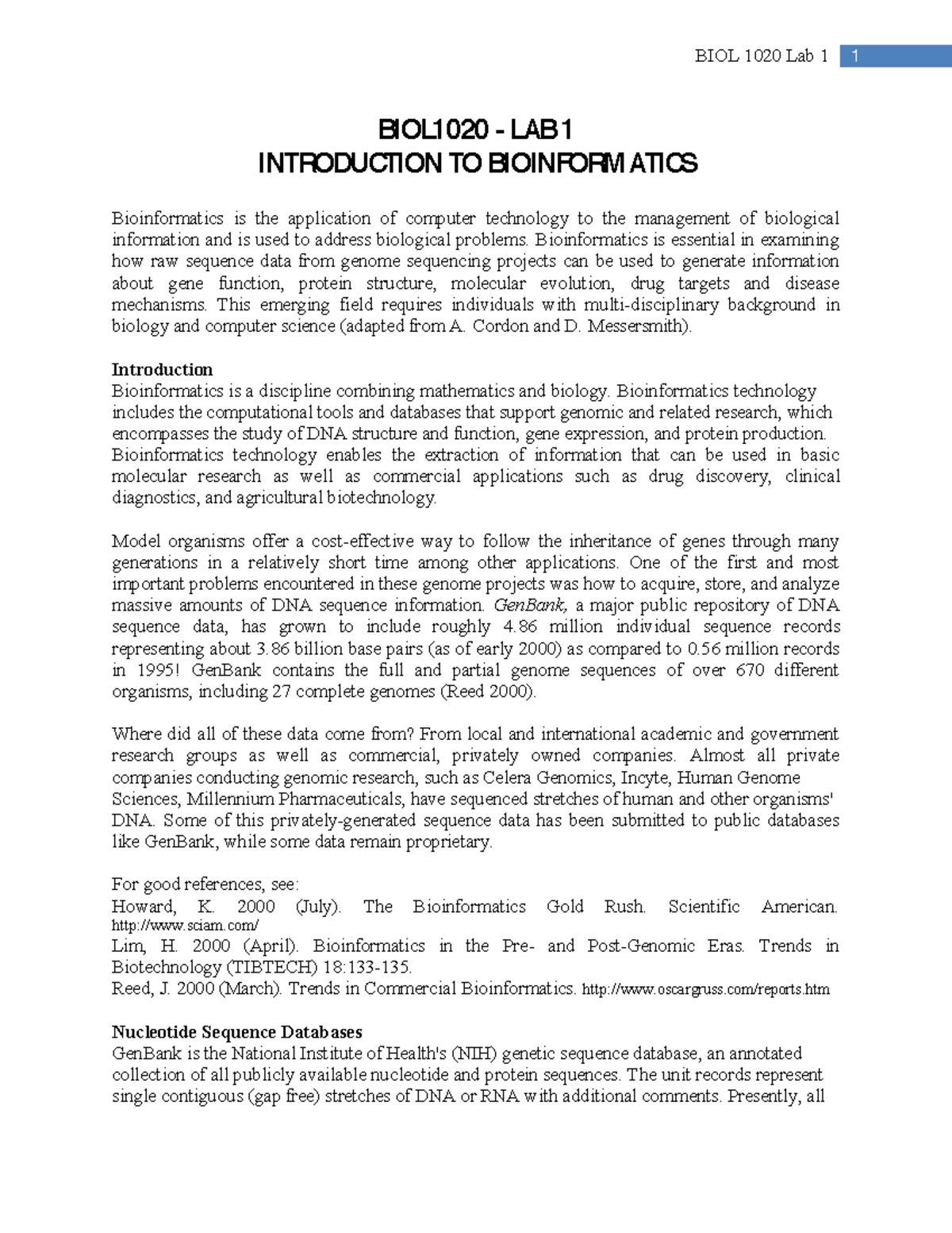 BIO Labratory Manual - BI OL1 0 2 0 - LAB 1 INTRODUCTION TO ...